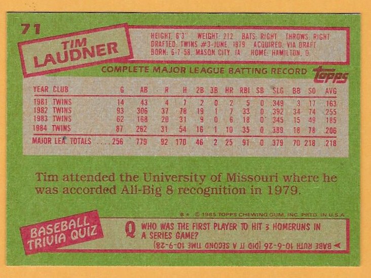 TIM LAUDNER MINNESOTA TWINS #71 - TOPPS NM-MT 1985 | eBay