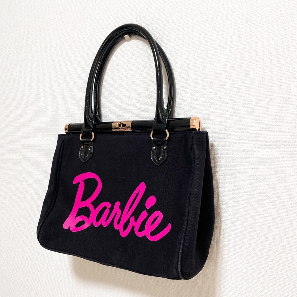 Barbie Iconic Medium Hand Bag Purse Black Pink Woman Canvas Turn Lock ...