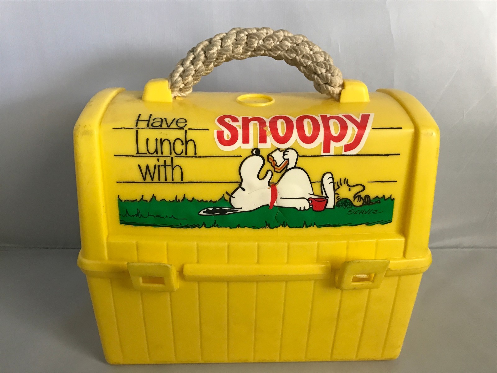 Vintage Snoopy Lunch Box With Rope Handle & Snoopy & Woodstock Thermos ...