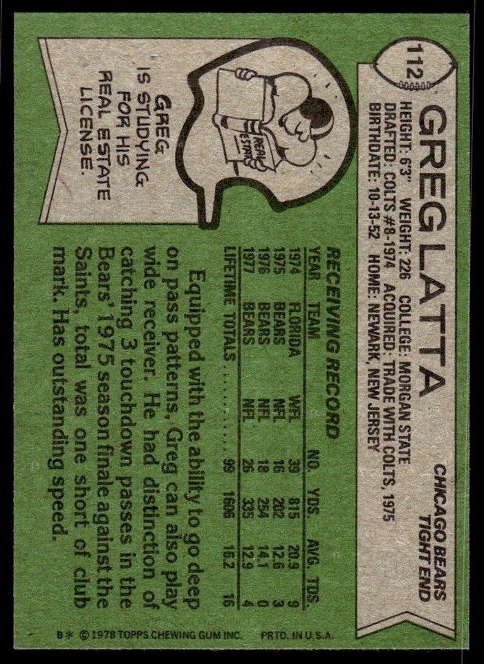 1978 TOPPS GREG LATTA CHICAGO BEARS #112 | eBay