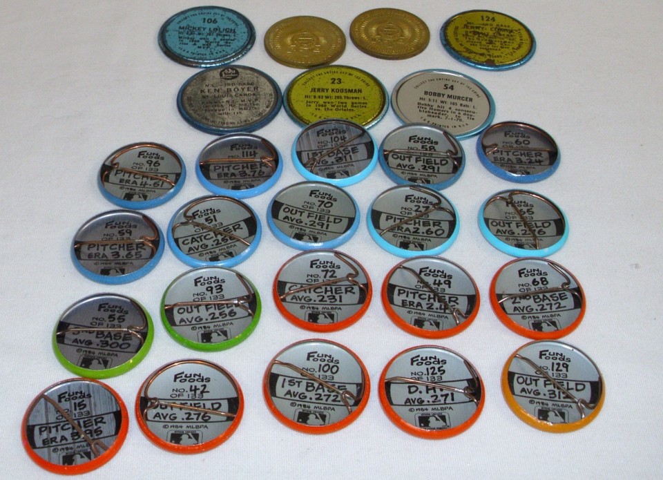 MLB BASEBALL FUN FOODS TIN PIN BACK BUTTONS LOT OF 29 PINS & COINS | eBay