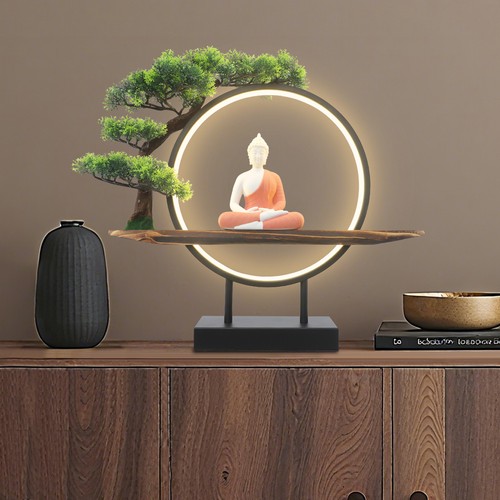 Buddha Statue with Green Artificial Tree and LED Circle Table Lamp ...