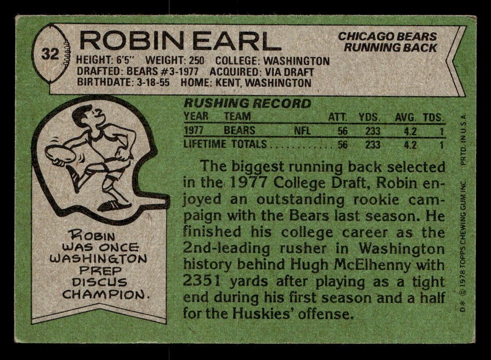 Robin Earl 1978 Topps Rookie Card #32 Chicago Bears | eBay