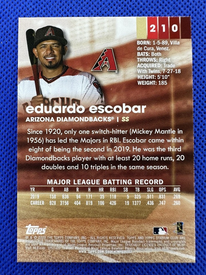 2020 #210 Eduardo Escobar Topps Stadium Club Baseball Arizona ...