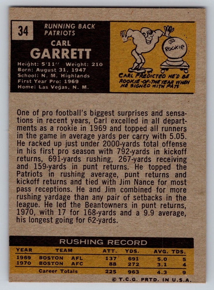 1971 Topps Carl Garrett #34 Patriots EX/MT | eBay