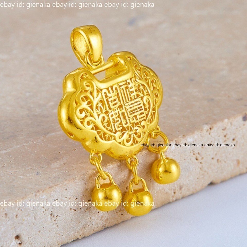 Pure 999 24K Yellow Gold Lucky Fu Lock Bells Women Men Pendant 4.85-5 ...