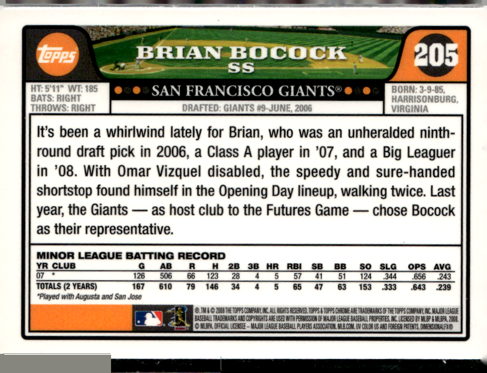 2008 Topps Chrome #205 Brian Bocock RC Rookie Giants | eBay
