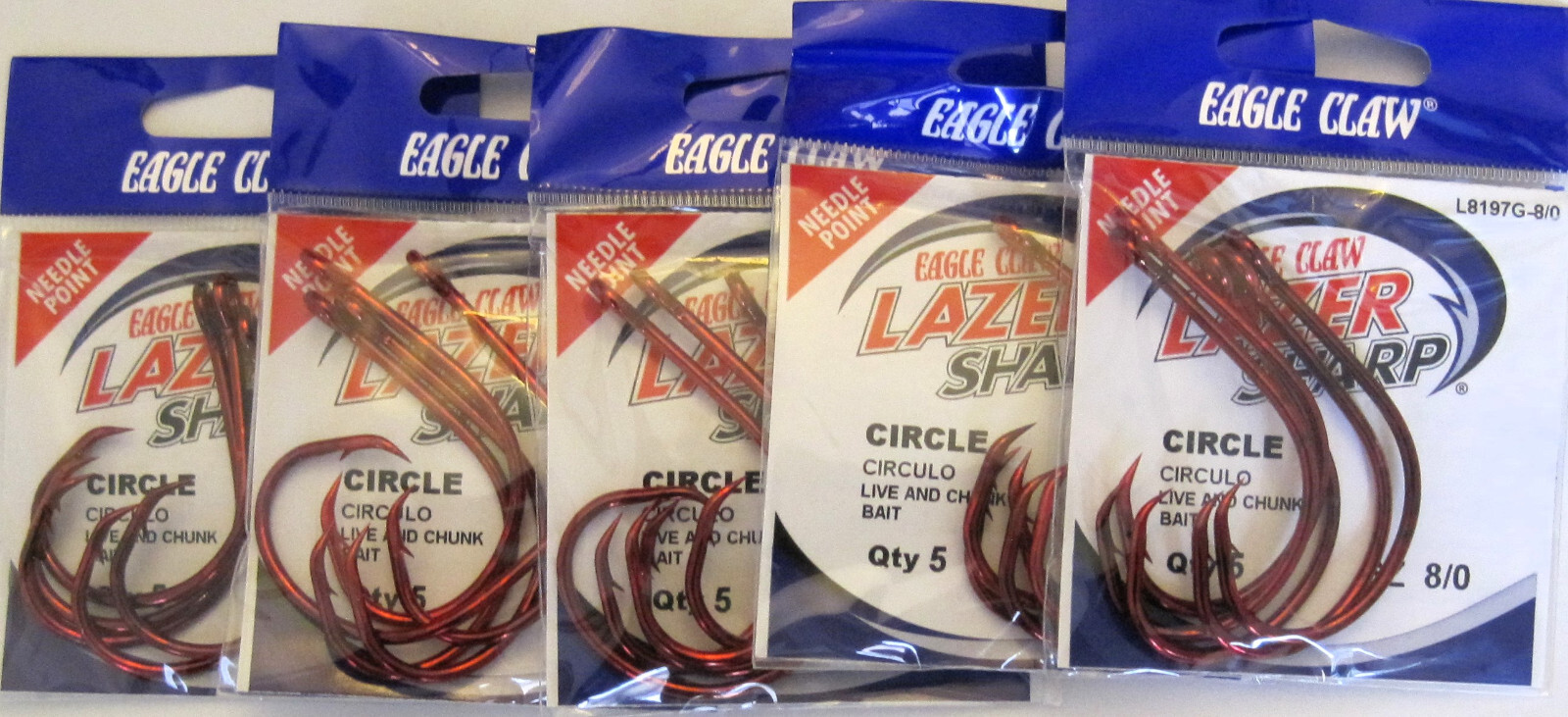 Five (5) Packs of 5 Eagle Claw Fishing L8197G Red Circle Fish Hooks ...