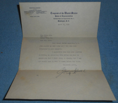 1939 US Congress Elections Committee Letter C. Jasper Bell Signed ...