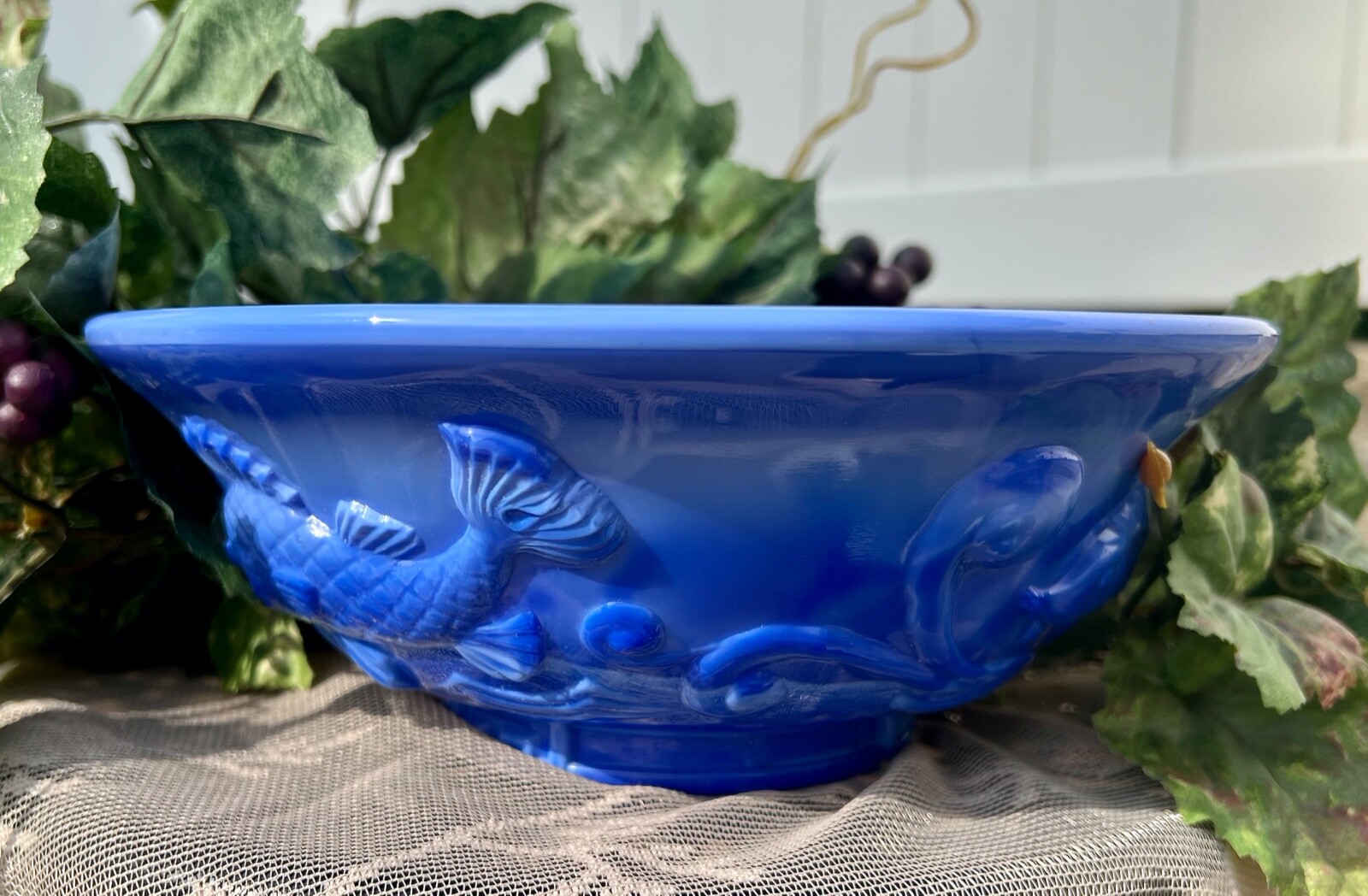 RARE Fenton**MARBLED PERIWINKLE BLUE ATLANTIS KOI FISH BOWL**1990's ...
