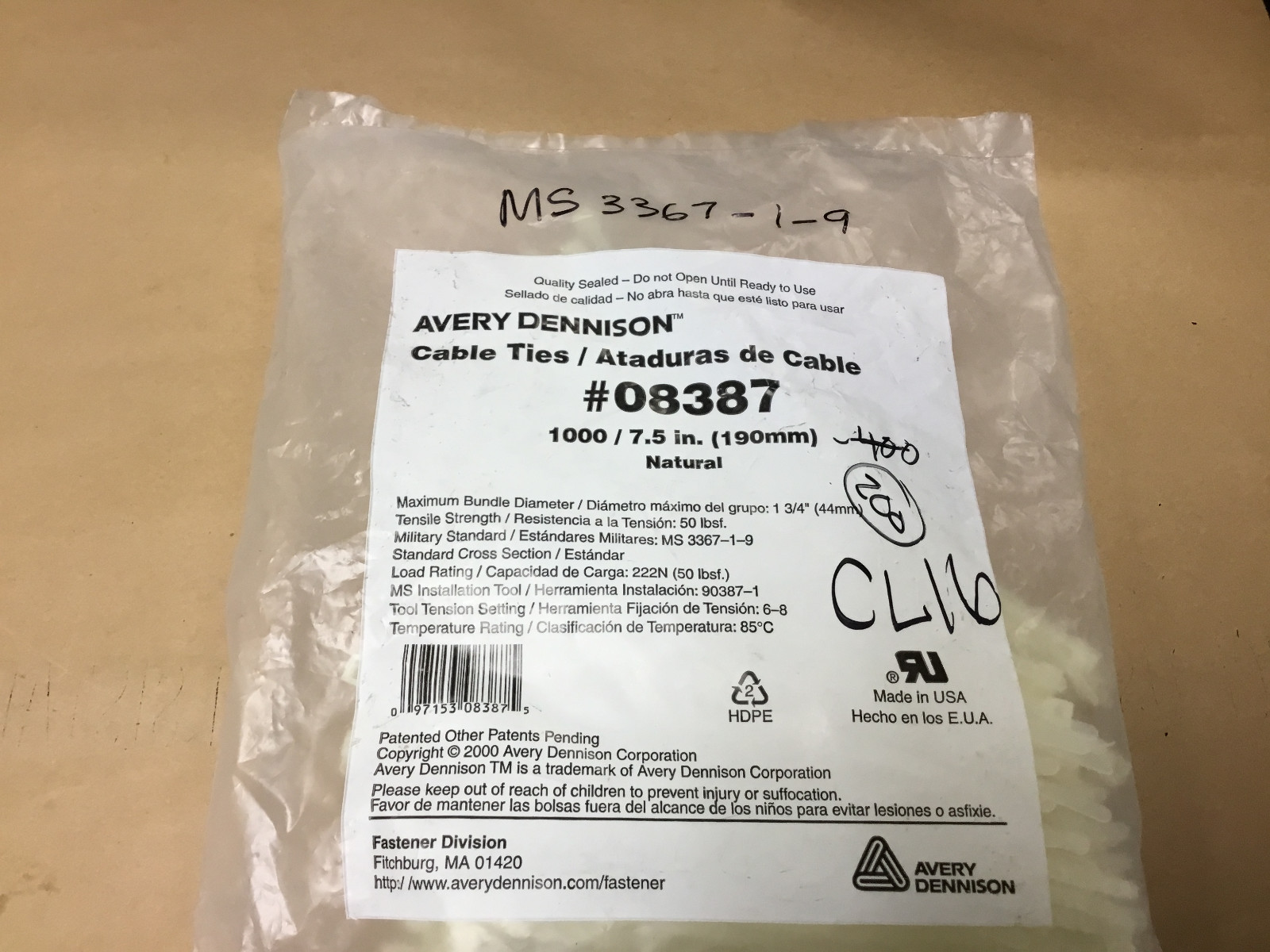 (100 PC) AVERY DENNISON MS3367-1-9 Cable Tie Nylon material White ...