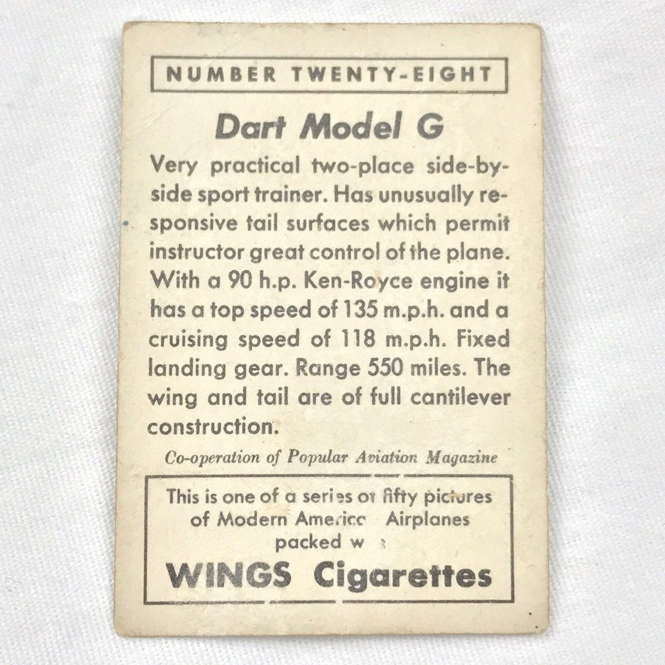 Airplane Wings Historic Dart Model G Card Tobacco Cigarette Original ...