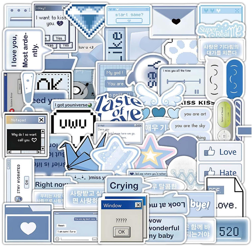 100 Pcs Vintage Cream Blue Stickers Pack Waterproof Vinyl Aesthetic ...