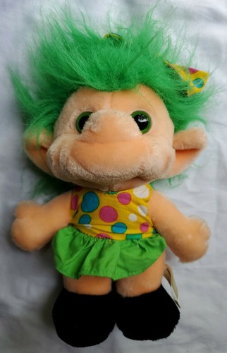 Trolio Troll Plush Doll Bright Green Hair Polka Dot Dress 10" Vintage ...