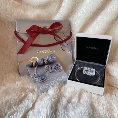 PANDORA~ AUTHENTIC~ BANGLE SILVER BRACELET "PATTERN OF LOVE" #597137-19 ...