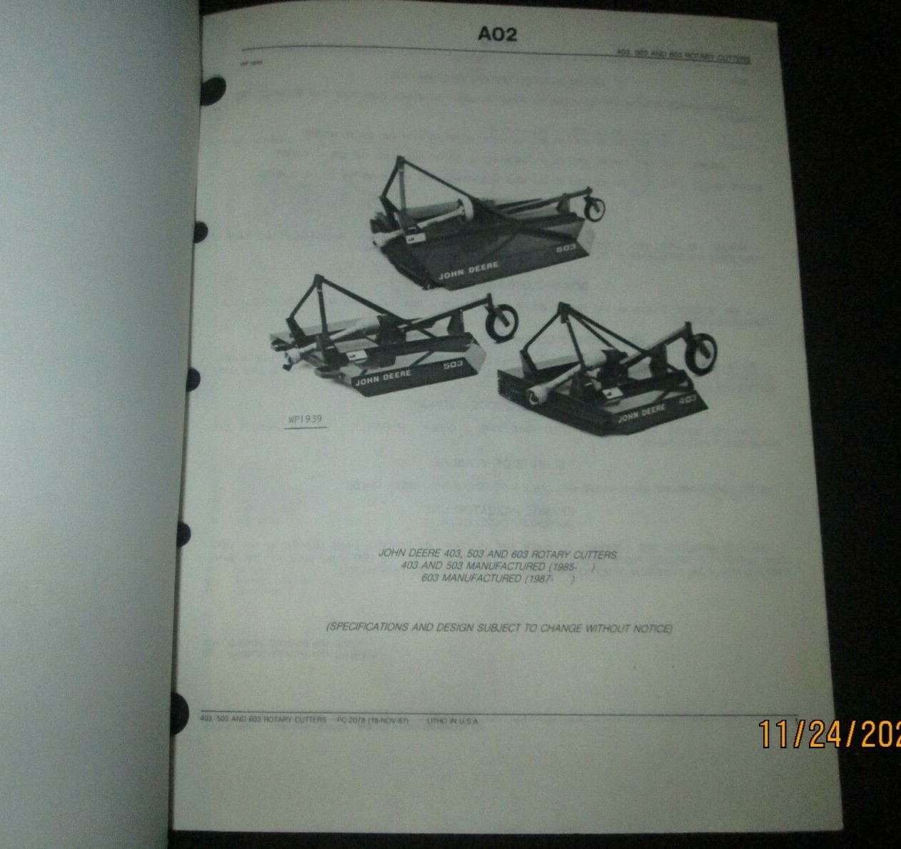 John Deere 403, 503 and 603 Rotary Cutters Mower Parts Manual Catalog ...