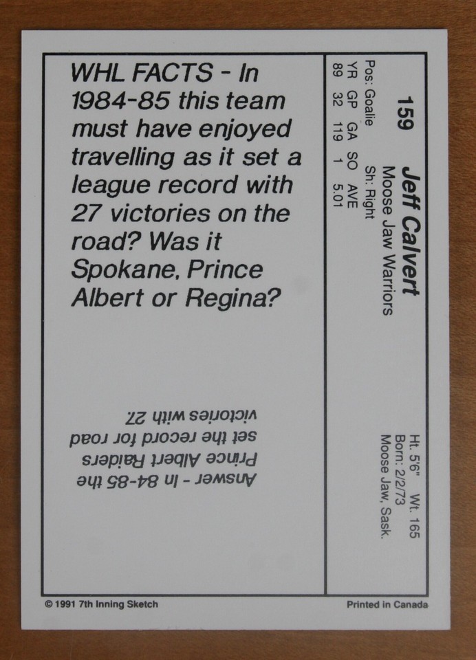 AUTOGRAPHED - Jeff Calvert 7th Inning Sketch #159 Moose Jaw Warriors ...