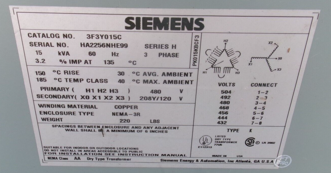SIEMENS DRY TYPE TRANSFORMER 3FY015C SER H 15KVA 3PH 480V 3R OUTDOOR ...