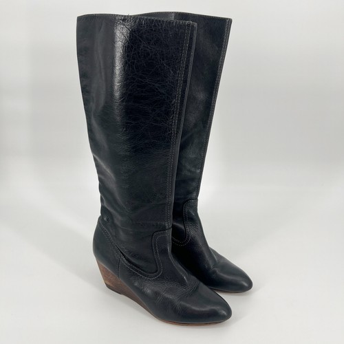Frye Missy Tall Boot Womens 8M Black Leather Wood Wedge High Heel Pull ...