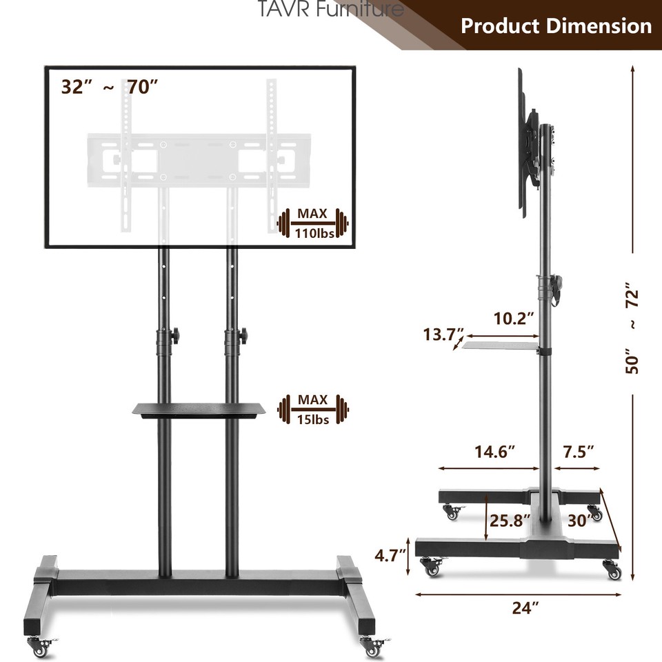 Mobile TV Floor Stand with TILT Mount and Wheels for 32-80 inch Flat ...