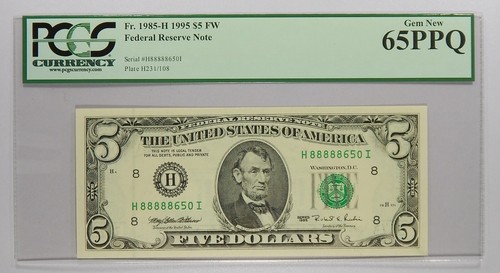1995 $5 St. Louis PCGS 65PPQ Lucky 8's Fancy Serial Number 88888650 | eBay