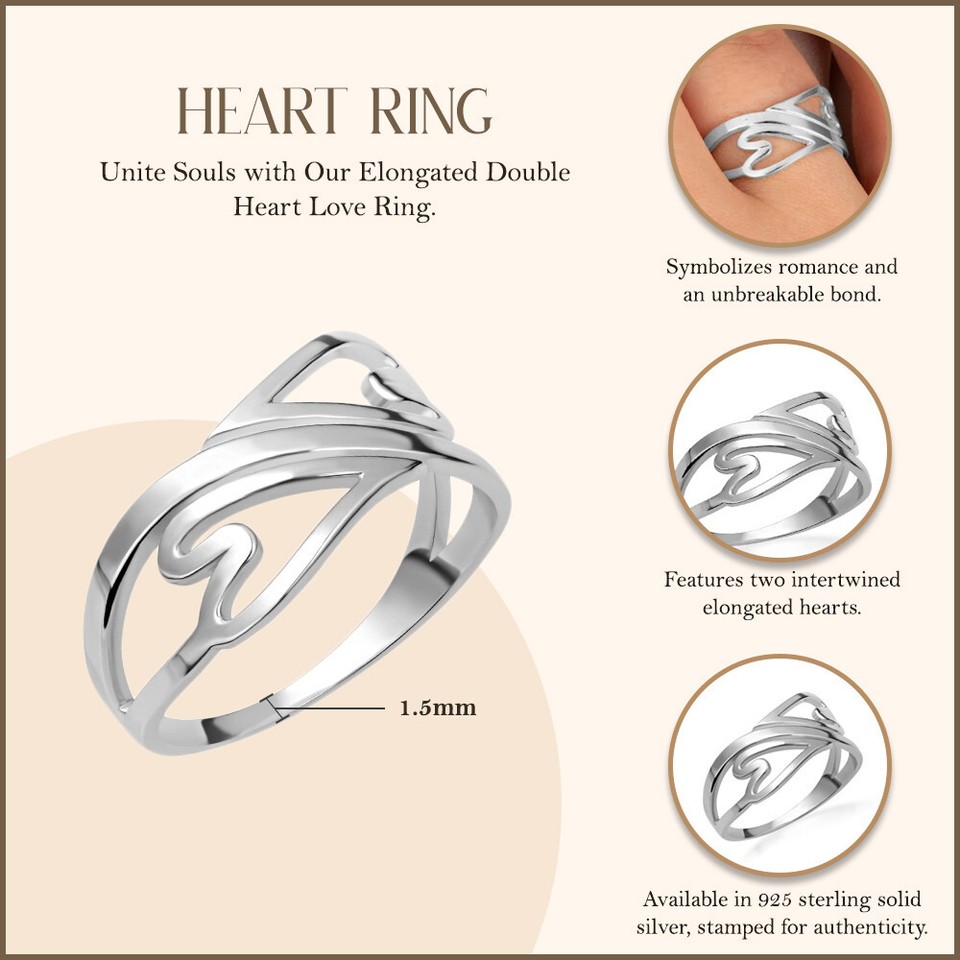 .925 Sterling Silver Elongated Double Heart Love Ring | eBay