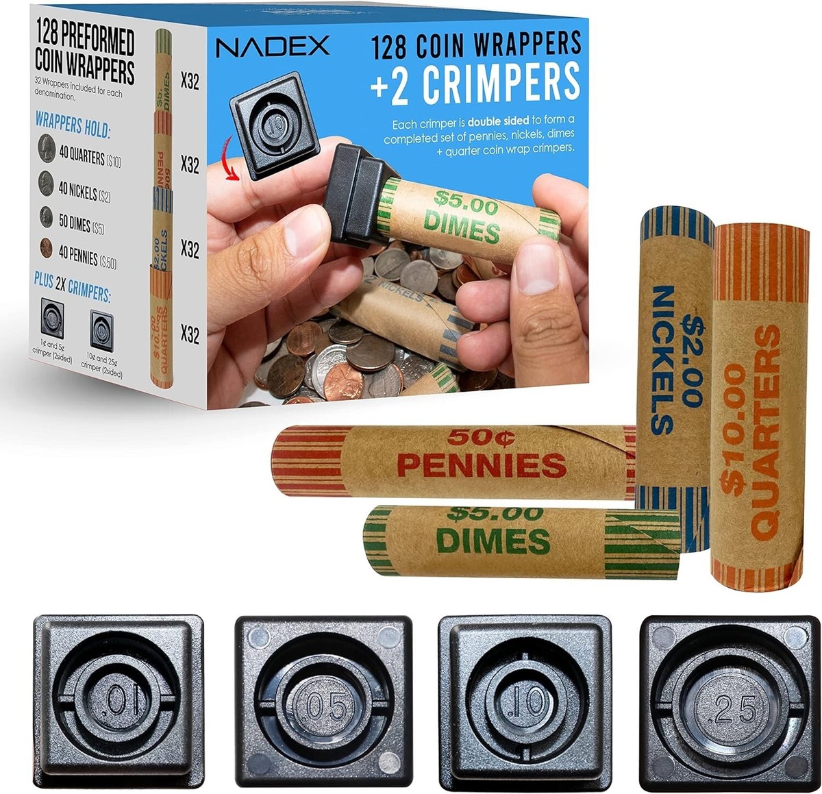 Coin Counter 144-Piece Coin Wrapping Kit - Color-Coded Tubes, Crimping ...