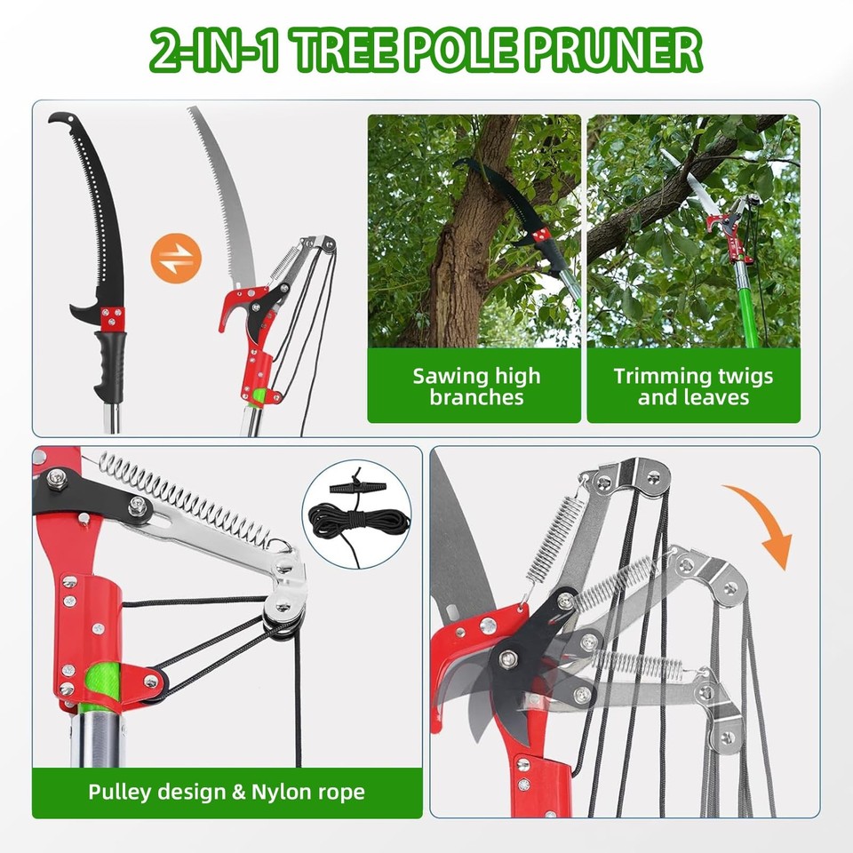 9m Manual Pole Pruner Saw for Tree Trimming, Extendable Tree Pole ...