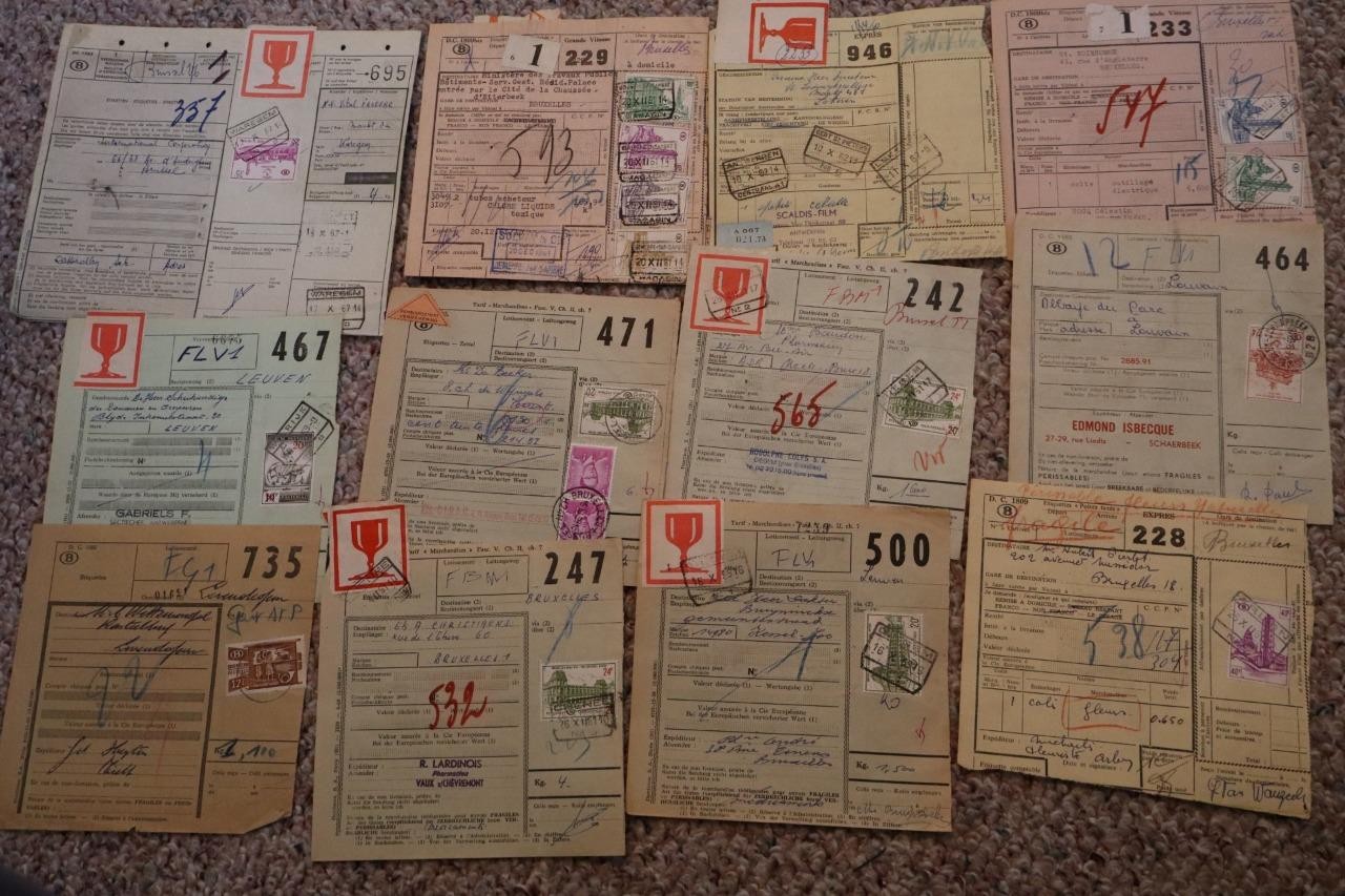 BELGIUM PARCEL POST MARKING STICKERS ON TRAIN DOCUMENTS W/VARIOUS ...