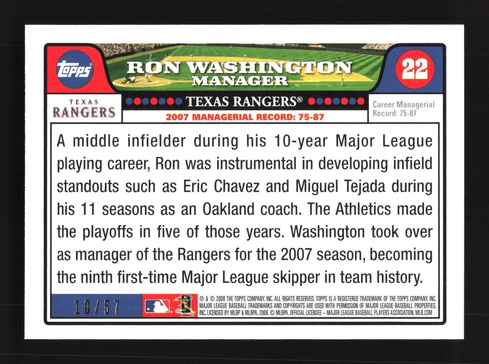 Ron Washington Texas Rangers 2008 Topps Black #22 Ser. # /57 | eBay
