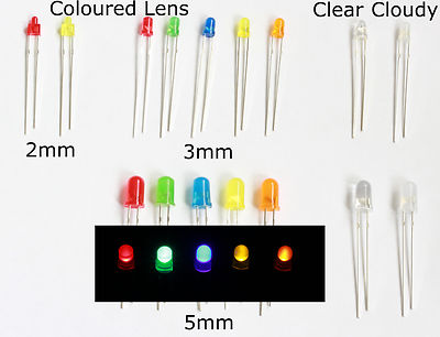 LEDs Diodes 1.8, 2, 3, 5, 8,10 mm, 8 Colours, Clear Diffused Coloured ...