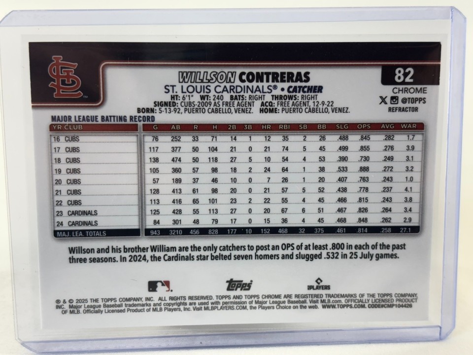 2025 Topps Chrome Wilson Contreras #82 Refractor - St. Louis Cardinals ...