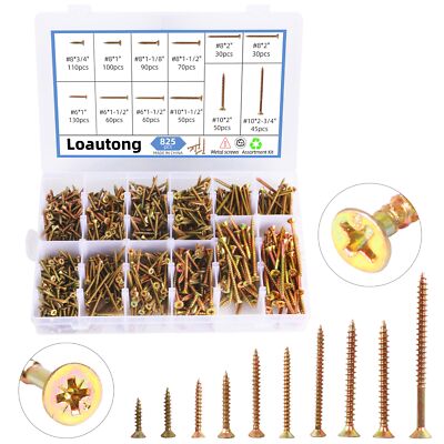 825PCS Wood Screws Assortment Kit 10 Sizes #6#8#10 Wood Screws 1''1-1/2 ...