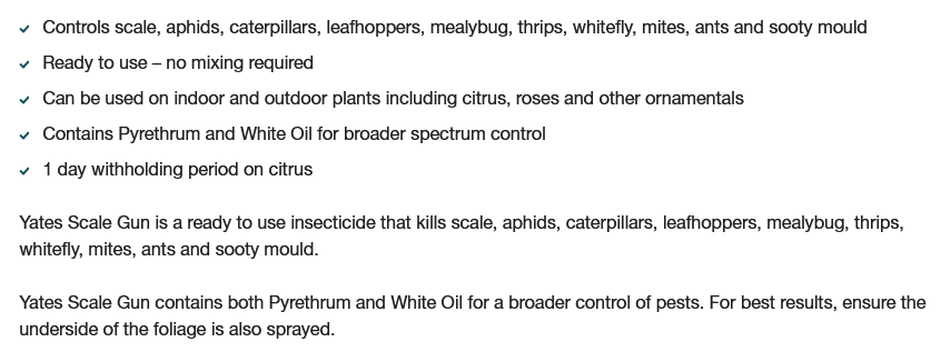 Yates SCALE GUN Kills Insect Pests Citrus Roses Ornamentals 750mL Ready ...