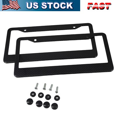 2x Black Car Carbon Fiber License Plate Frame Cover Front & Rear ...