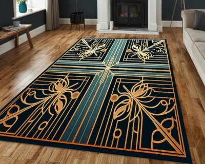 Art Deco Rug, Gold Striped Rug, Art Nouveau Rug, Teal Gold Rug, Gatsby ...