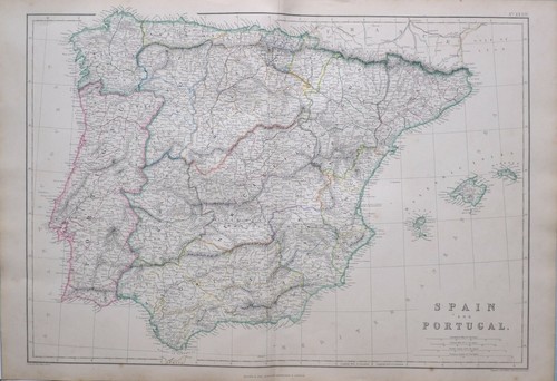1864 HAND COLOURED MAP SPAIN & PORTUGAL MURCIA NEW CASTILE HUELVA ...