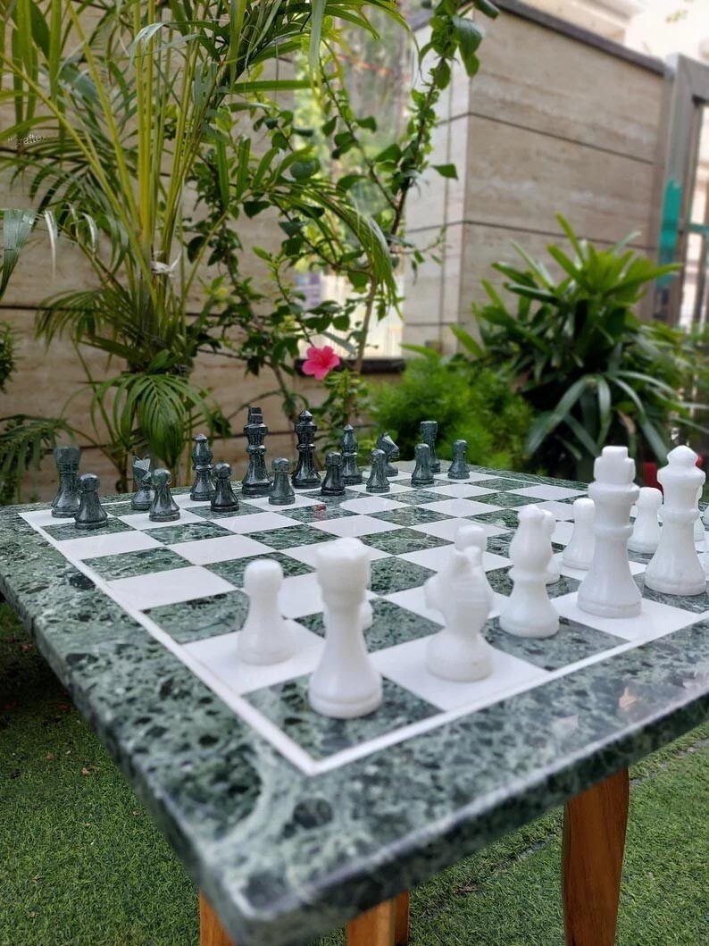 20"x20" Chess Set in Natural Green Granite Marble with Green and White ...