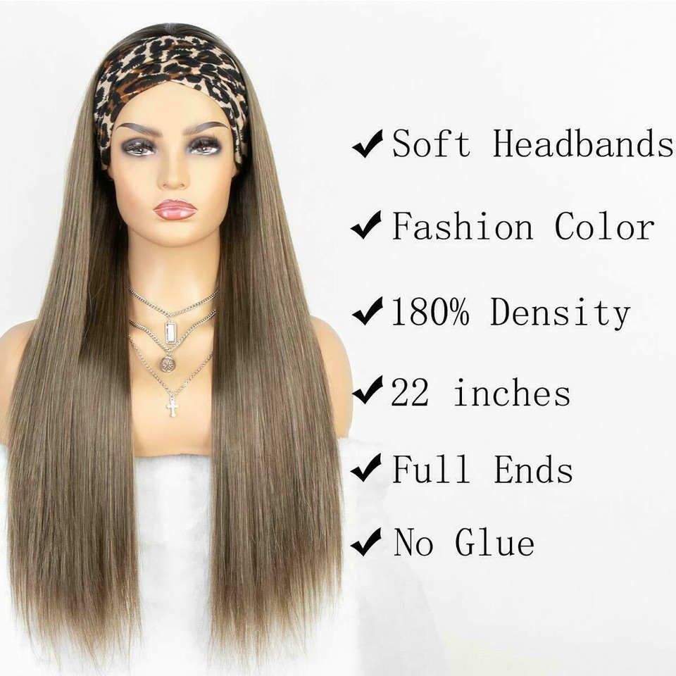 Long Honey Blonde Ash Brown Silky Straight Synthetic Hair Headband Wigs ...