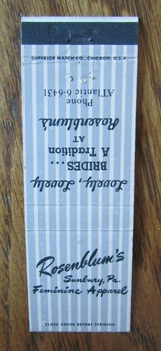 CLOTHING STORE MATCHBOOK COVER: ROSENBLUM'S FEMININE APPAREL (SUNBURY ...