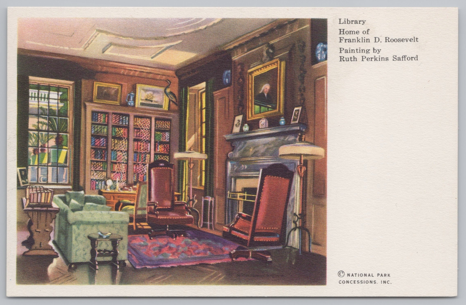 President & Patriotic~Library In FDR Home Painting~Vintage Postcard | eBay