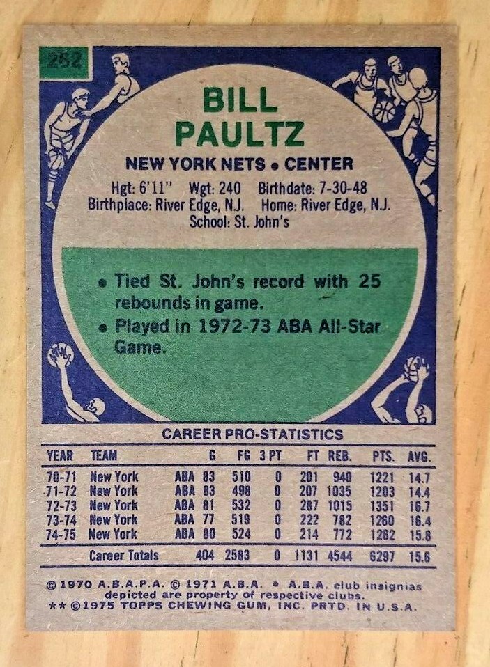 1975-76 TOPPS BILLY PAULTZ CARD#252 ROCKETS SPURS NETS HAWKS JAZZ ST ...