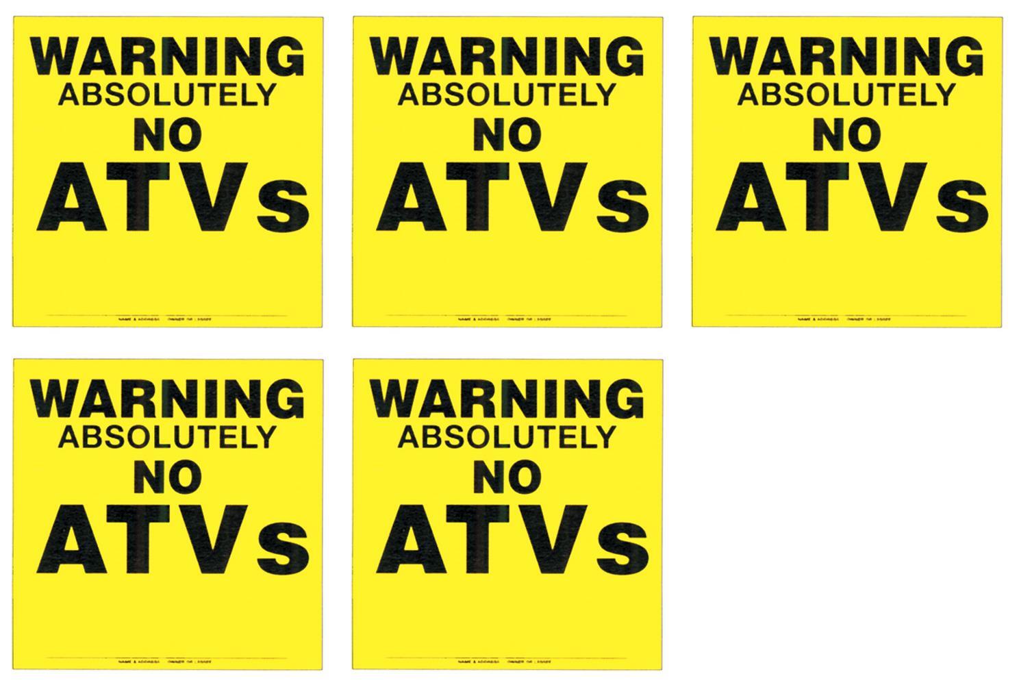Set of 5 Yellow Plastic Sign 11 1/4 Inch 024 Gauge Warning No Atvs | eBay