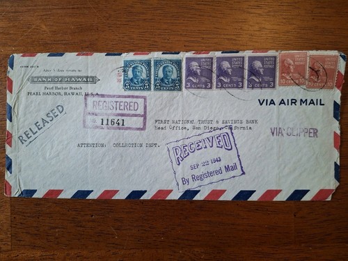 1943 Bank of Hawaii Pearl Harbor Branch Registered Mail to CA VIA ...
