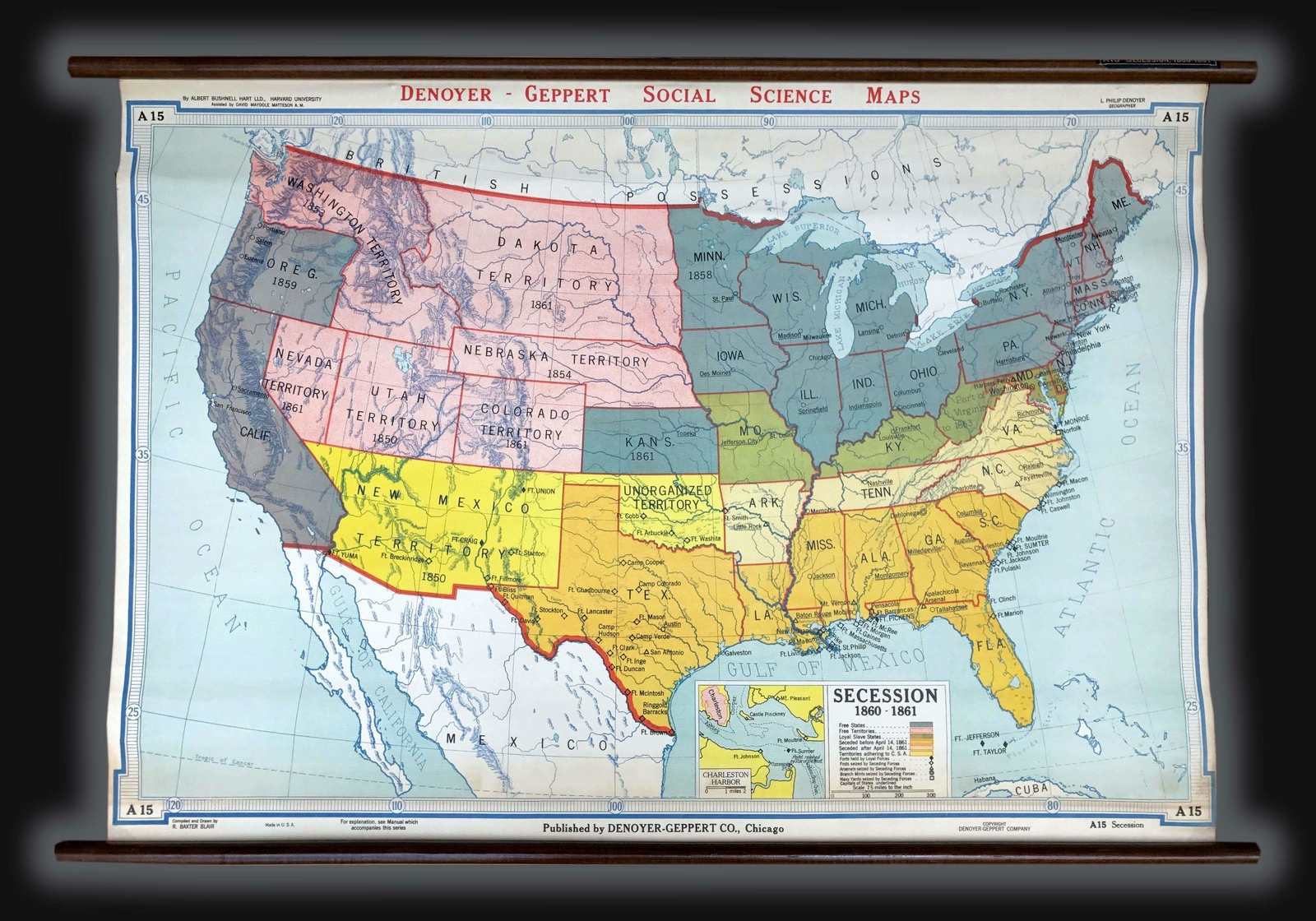 1940 Denoyer-Geppert Wall Map of Secession before the American Civil ...