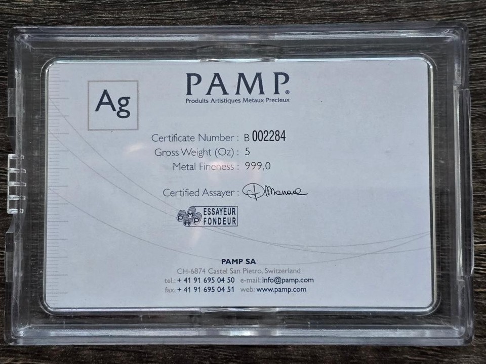 Pamp Suisse Lady Fortuna 5 oz .999 Silver Bar with Assay Card Silver ...