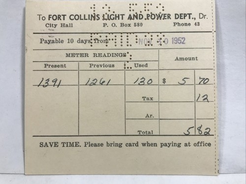 1952 FORT COLLINS LIGHT AND POWER DEPARTMENT Meter Reading Card Invoice ...