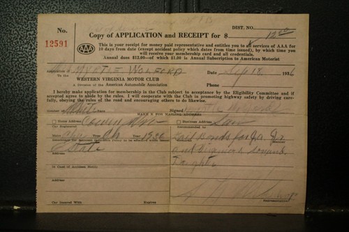 vintage old Triple A AAA Western Virginia Motor Club paper receipt 1936 ...