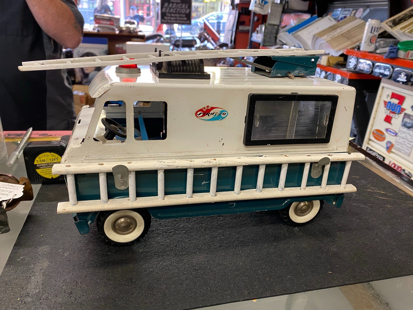 Vtg Structo Emergency Van Vehicle Tin Toy Survivor Blue Ladders Light ...