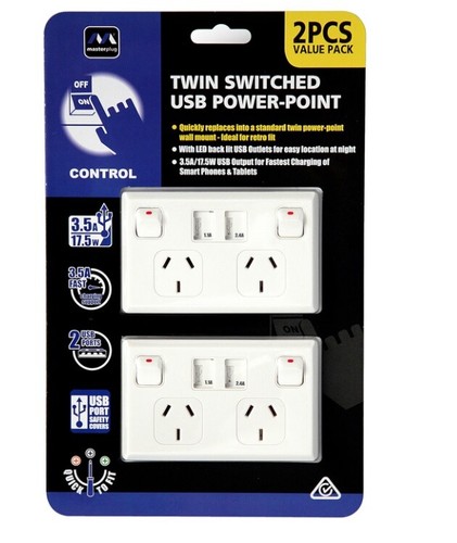 2x MASTERPLUG Double POWERPOINT 240V 10A + 3.5A USB Outlet Power Socket ...